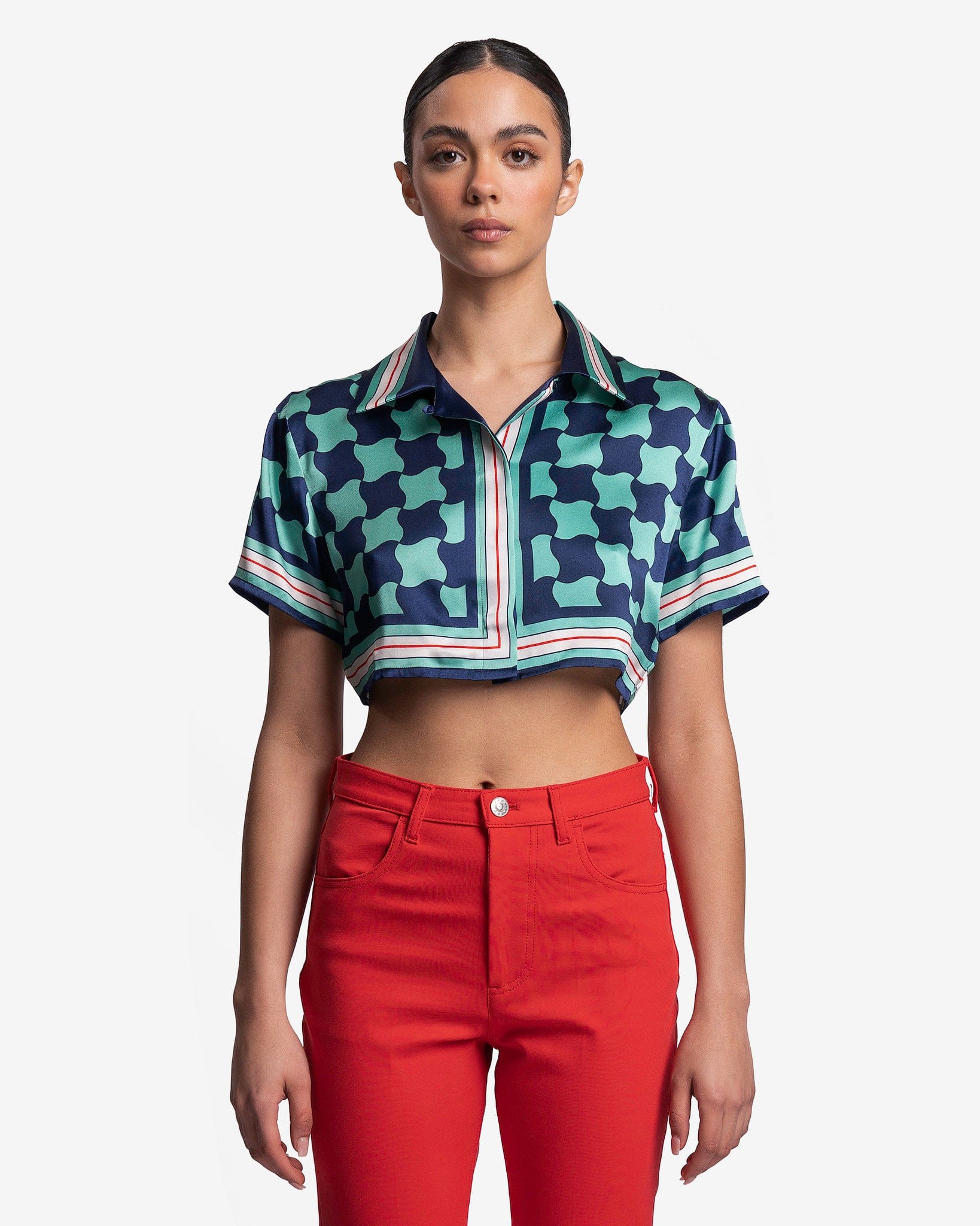 Pool Tile Cuban Collar Cropped Silk Shirt in Multi – SVRN