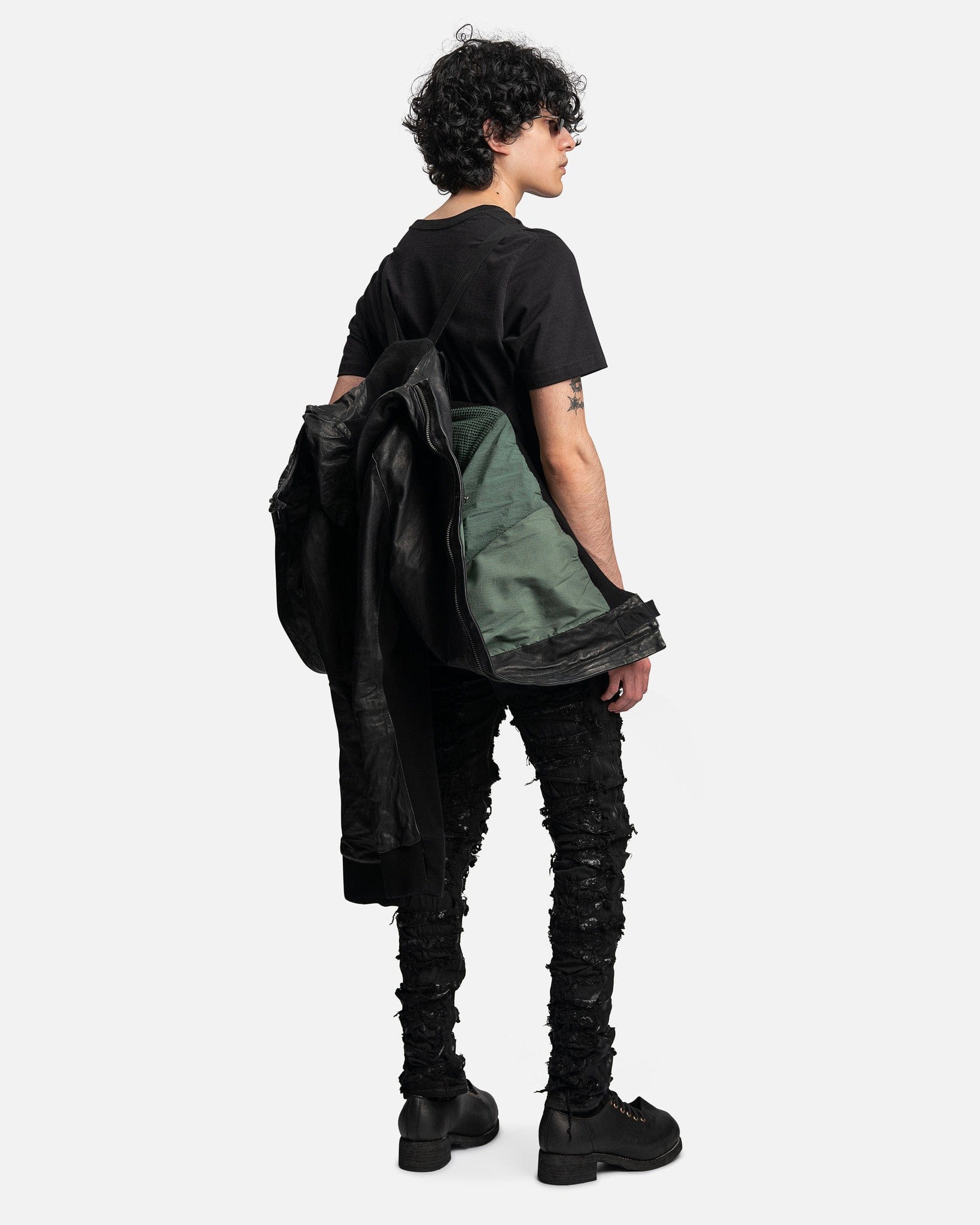 Slashed Tyrone Cut Denim in Black Foil – SVRN Slashed Tyrone Cut Denim in Black Foil – SVRN